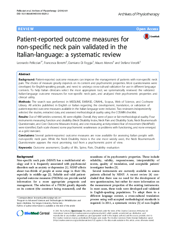 (PDF) Patient-reported outcome measures for non-specific neck pain ...
