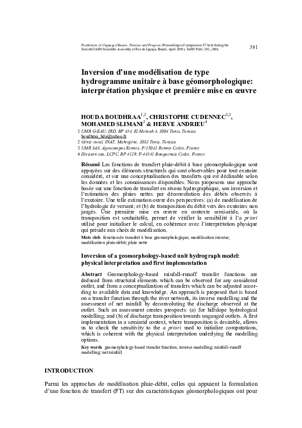 (PDF) Inversion d'une modelisation de type hydrogramme unitaire a base geomorphologique ...