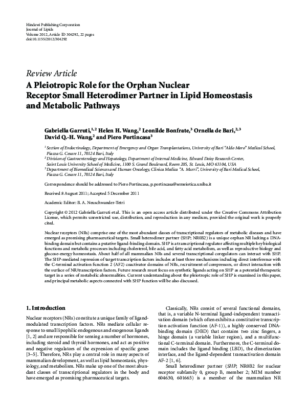 (PDF) A pleiotropic role for the orphan nuclear receptor small ...