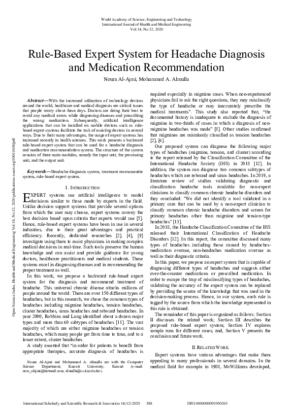 (PDF) Rule-Based Expert System for Headache Diagnosis and Medication ...