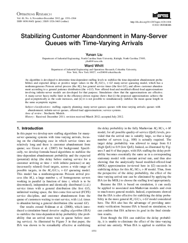 (PDF) Stabilizing Customer Abandonment in Many-Server Queues with Time-Varying Arrivals