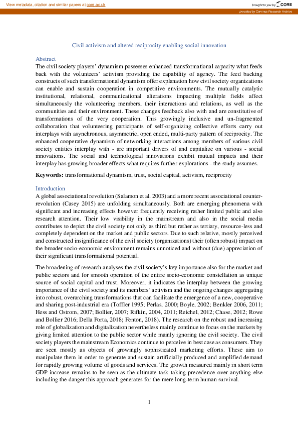 (PDF) Civil activism and altered reciprocity enabling social innovation