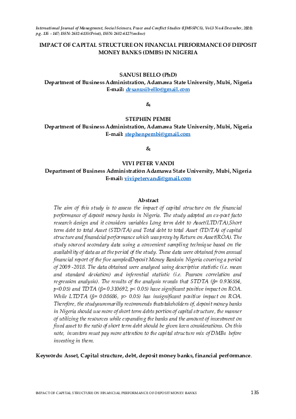 (PDF) Impact of Capital Structure on Financial Performance of Deposit Money Banks (DMBS) in Nigeria