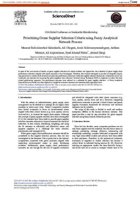 Pdf Prioritizing Green Supplier Selection Criteria Using Fuzzy Analytical Network Process
