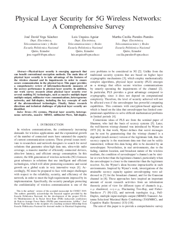 (PDF) Physical Layer Security for 5G Wireless Networks: A Comprehensive Survey
