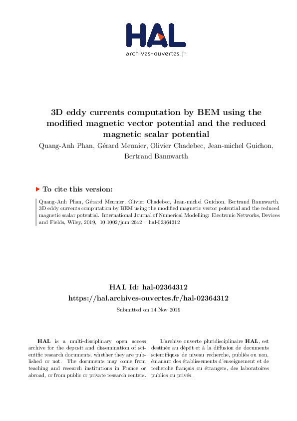 3D eddy currents computation by BEM using the modified magnetic vector ... 3D eddy currents computation by BEM using the modified magnetic vector ...