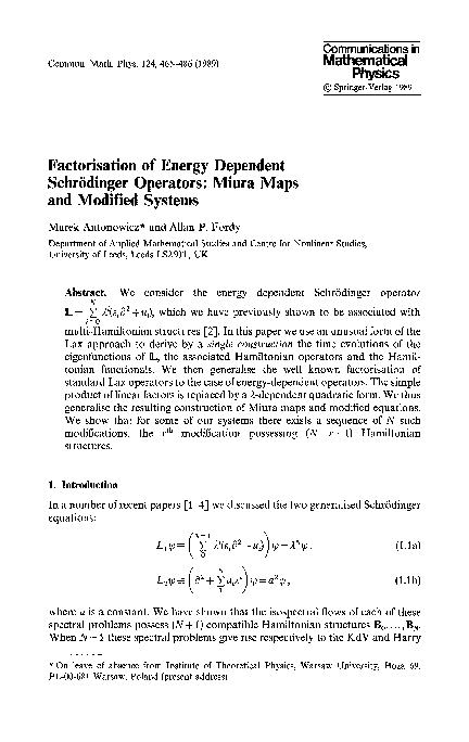 (PDF) Factorisation of energy dependent Schr dinger operators: Miura maps and modified systems