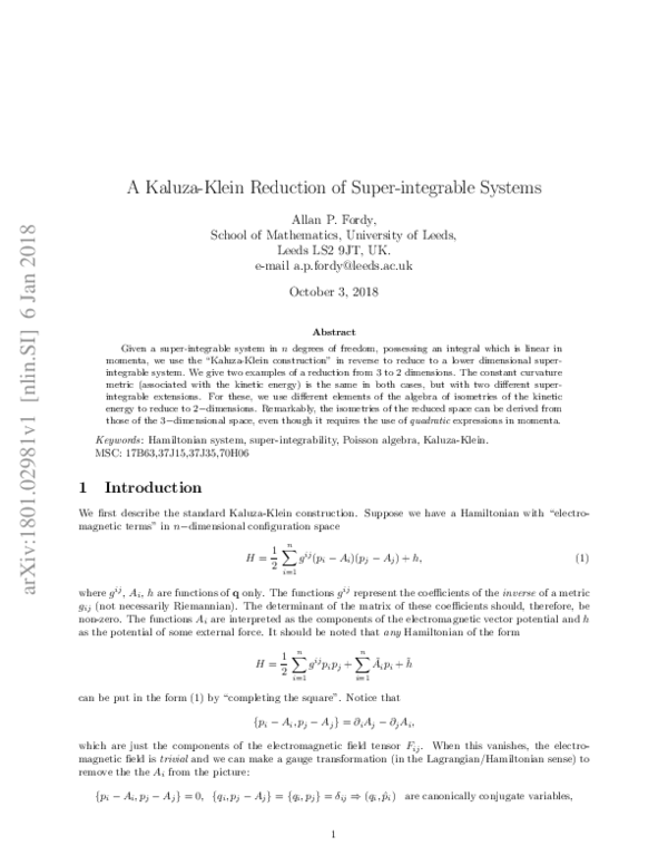 (PDF) A Kaluza–Klein reduction of super-integrable systems