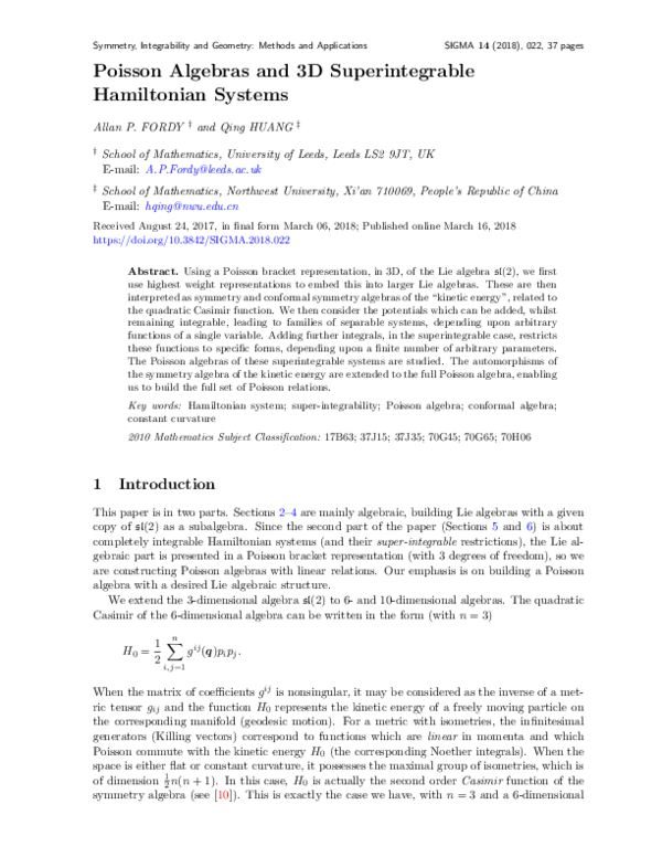 (PDF) Poisson Algebras and 3D Superintegrable Hamiltonian Systems