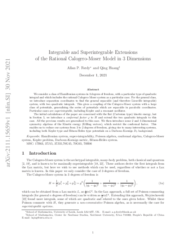 (PDF) Integrable and superintegrable extensions of the rational Calogero–Moser model in three ...
