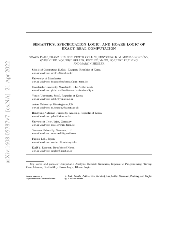(PDF) Semantics, Specification Logic, and Hoare Logic of Exact Real Computation