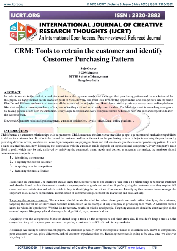 (PDF) CRM: Tools to retrain the customer and identify Customer ...