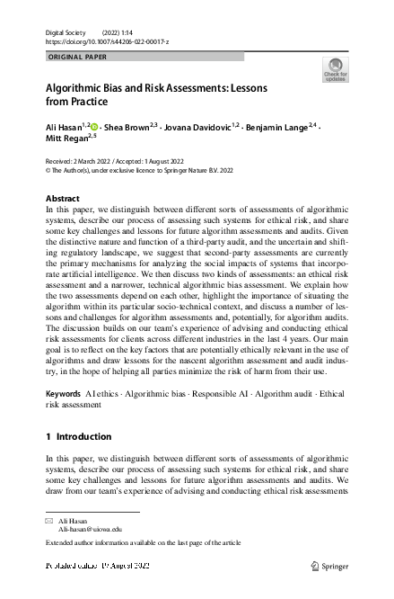 (PDF) Algorithmic Bias and Risk Assessments: Lessons from Practice
