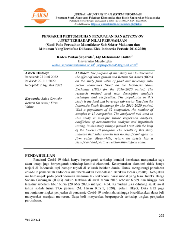 (PDF) PENGARUH PERTUMBUHAN PENJUALAN DAN RETURN ON ASSET TERHADAP NILAI ... (PDF) PENGARUH PERTUMBUHAN PENJUALAN DAN RETURN ON ASSET TERHADAP NILAI ...