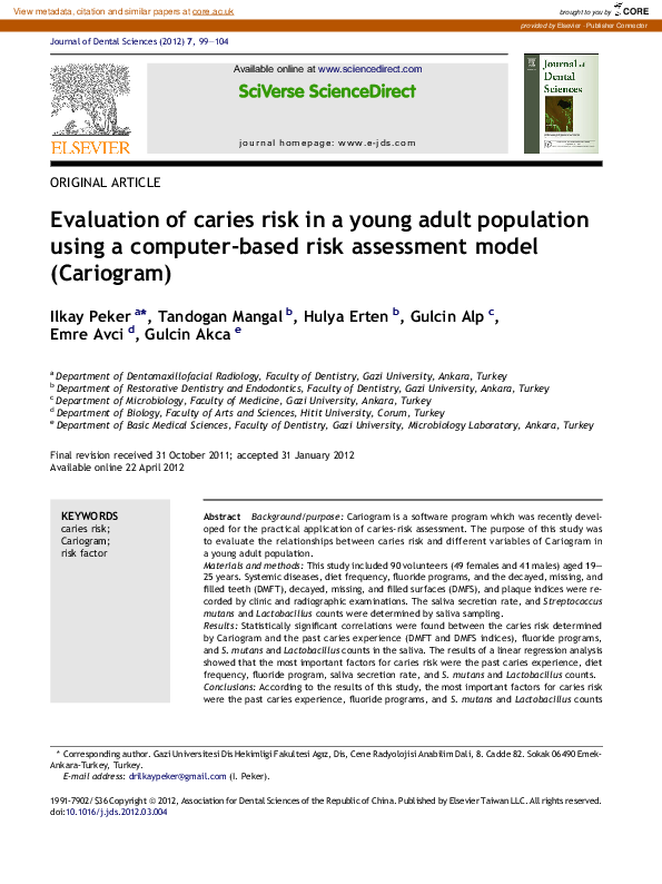 (PDF) Evaluation of caries risk in a young adult population using a computer-based risk ...