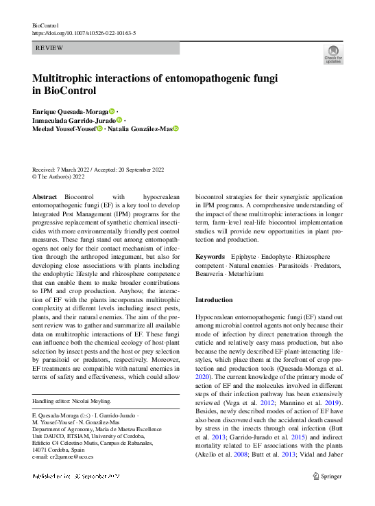 (PDF) Multitrophic interactions of entomopathogenic fungi in BioControl