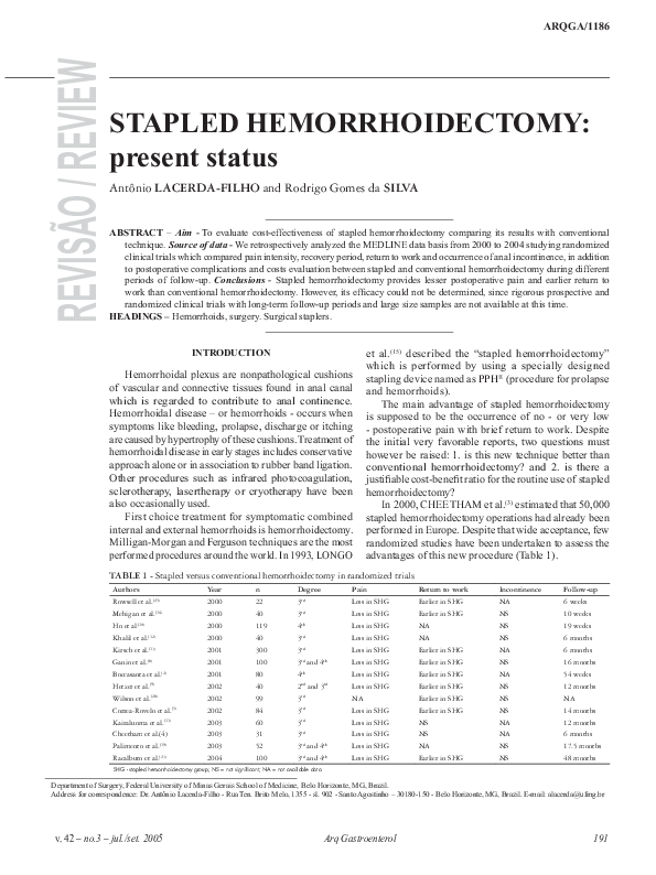 (PDF) Stapled hemorrhoidectomy: present status