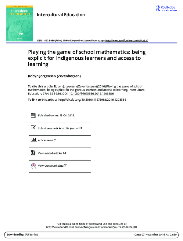 (PDF) Playing the game of school mathematics: being explicit for Indigenous learners and access ...