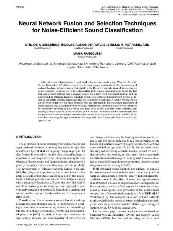 (PDF) Neural Network Fusion and Selection Techniques for Noise-Efficient Sound Classification