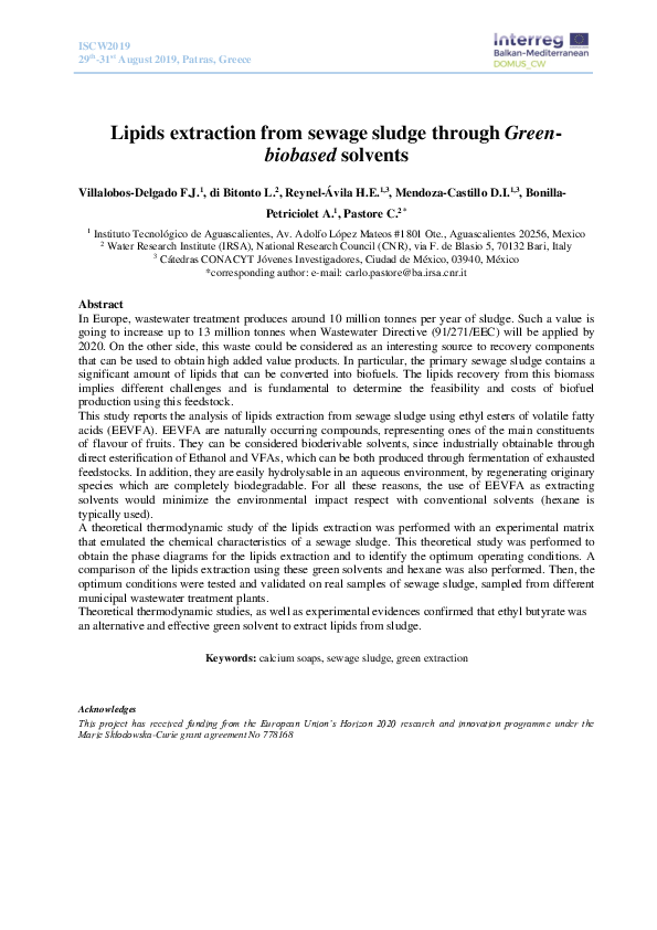 (PDF) Lipids extraction from sewage sludge through Green-biobased solvents