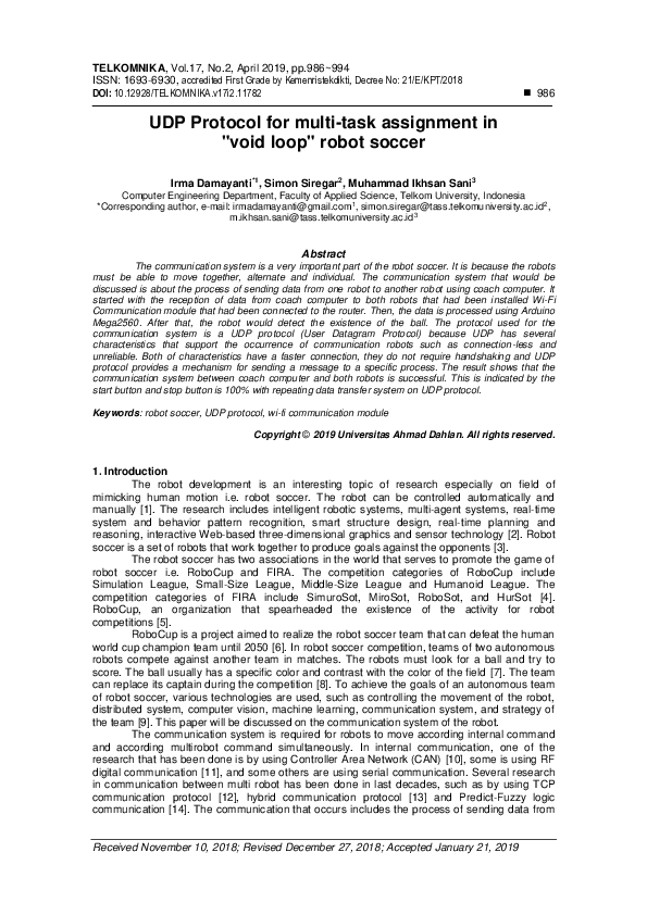 Pdf Udp Protocol For Multi Task Assignment In Void Loop Robot Soccer 4888