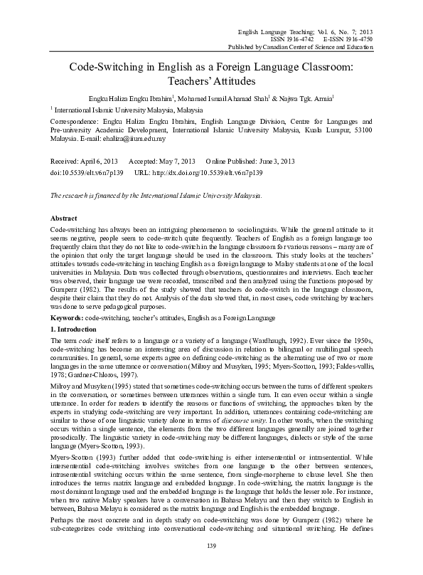 (PDF) Code-Switching in English as a Foreign Language Classroom ...