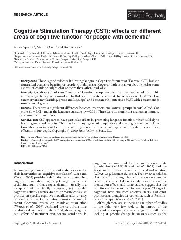 (PDF) Cognitive Stimulation Therapy (CST): effects on different areas ...