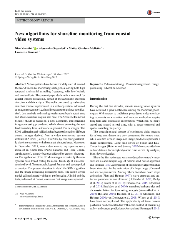 Pdf New Algorithms For Shoreline Monitoring From Coastal Video Systems