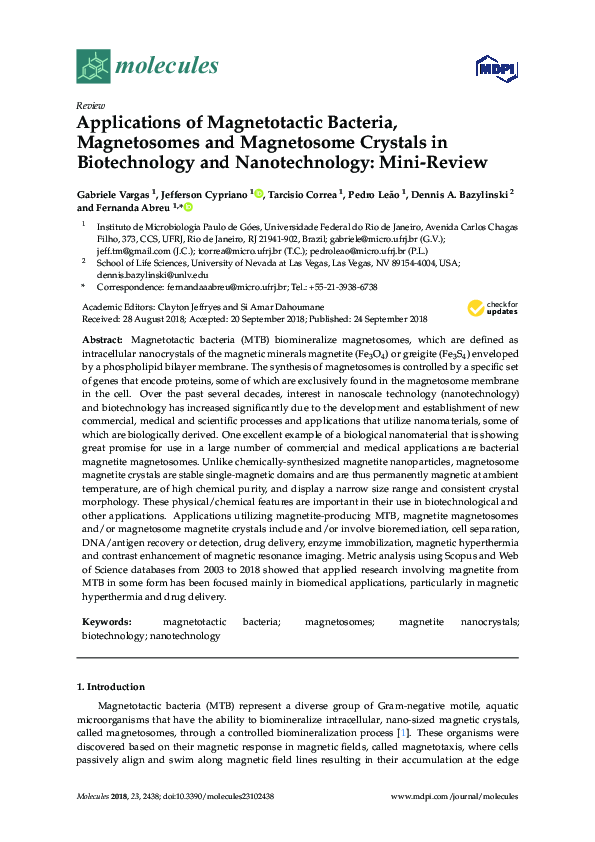 (PDF) Applications of Magnetotactic Bacteria, Magnetosomes and Magnetosome Crystals in ...