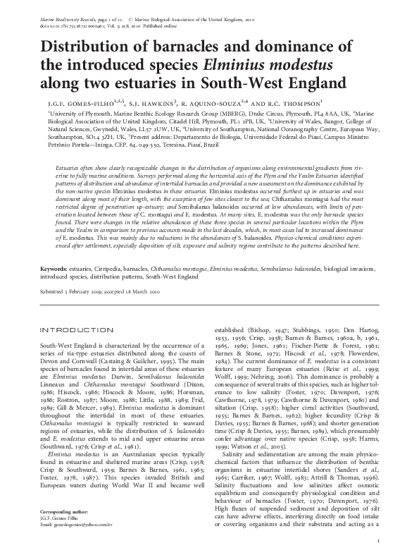 (PDF) Barnacle Distribution and Elminius Modestus Dominance