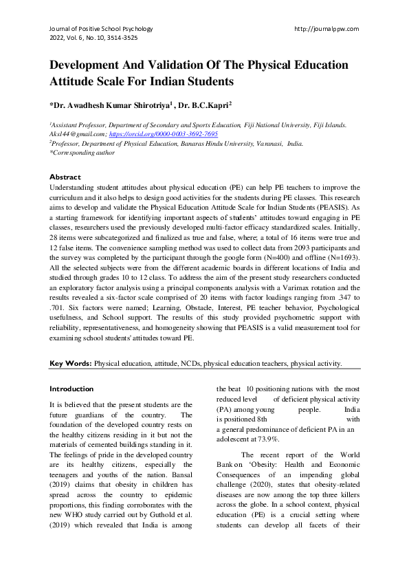 (PDF) Development And Validation Of The Physical Education Attitude Scale For Indian Students