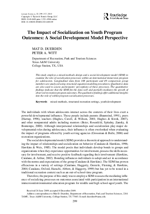 (PDF) The Impact of Socialization on Youth Program Outcomes: A Social Development Model Perspective