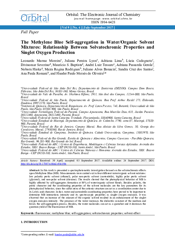 (PDF) The Methylene Blue Self-aggregation in Water/Organic Solvent Mixtures: Relationship ...