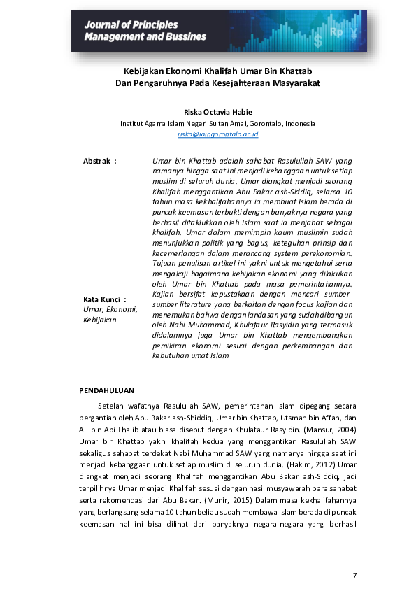 (PDF) Kebijakan Ekonomi Khalifah Umar Bin Khattab Dan Pengaruhnya Pada Kesejahteraan Masyarakat