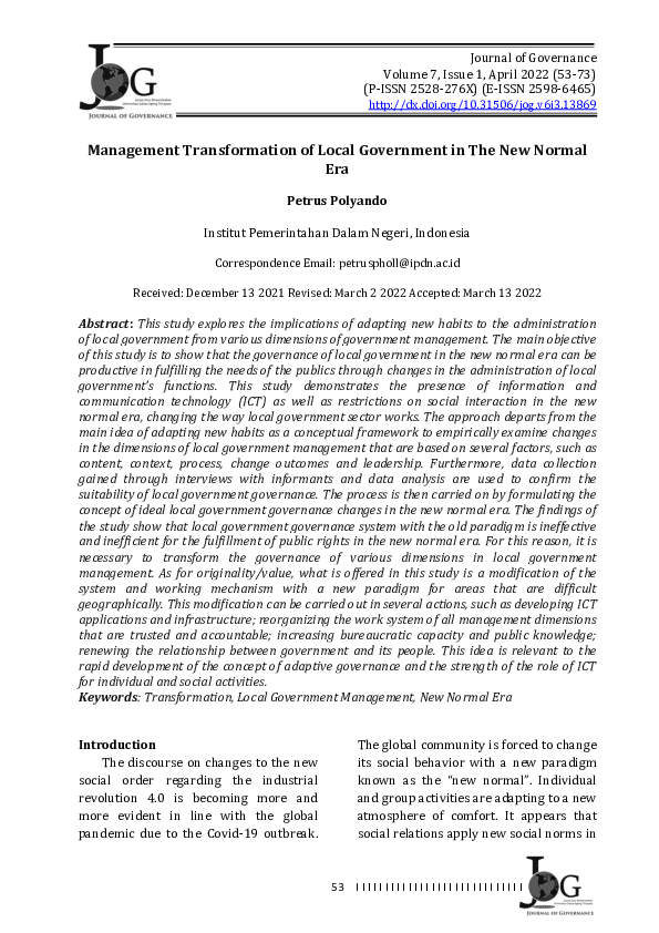 (PDF) Management Transformation of Local Government In The New Normal Era