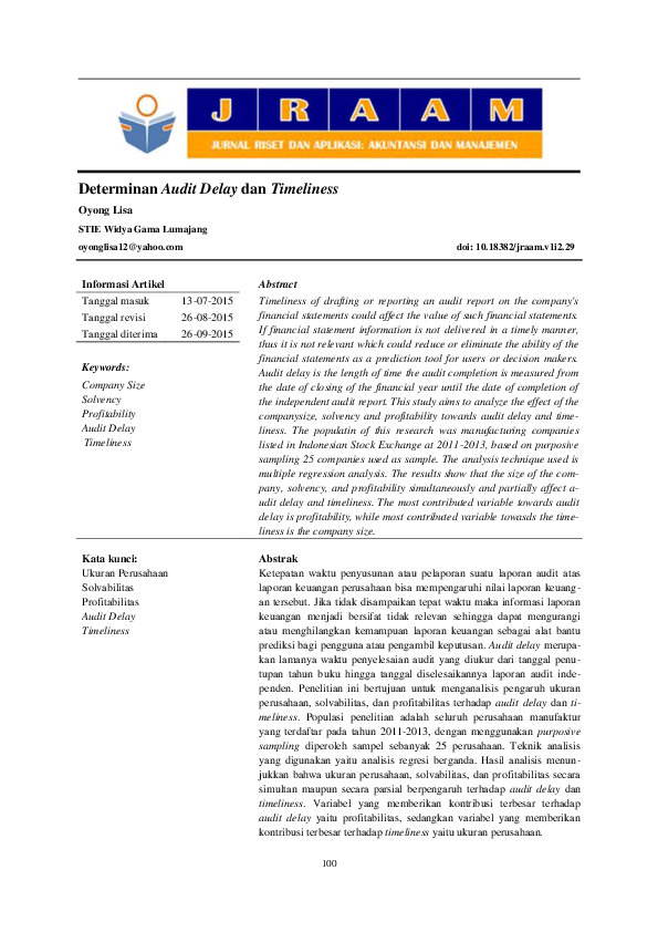 (PDF) Determinan Audit Delay dan Timeliness
