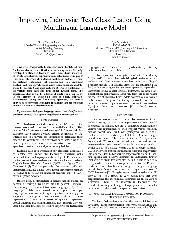 (PDF) Improving Indonesian Text Classification Using Multilingual ...
