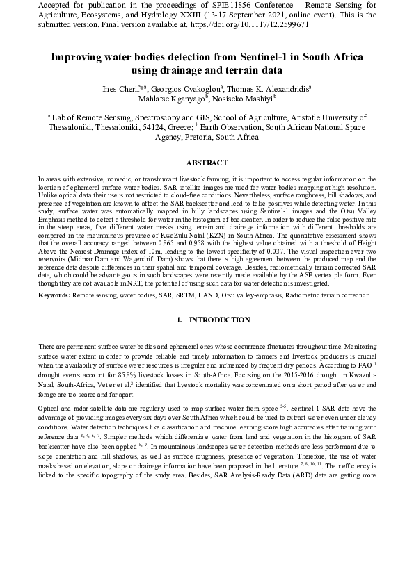 (PDF) Improving water bodies detection from Sentinel-1 in South Africa using drainage and ...