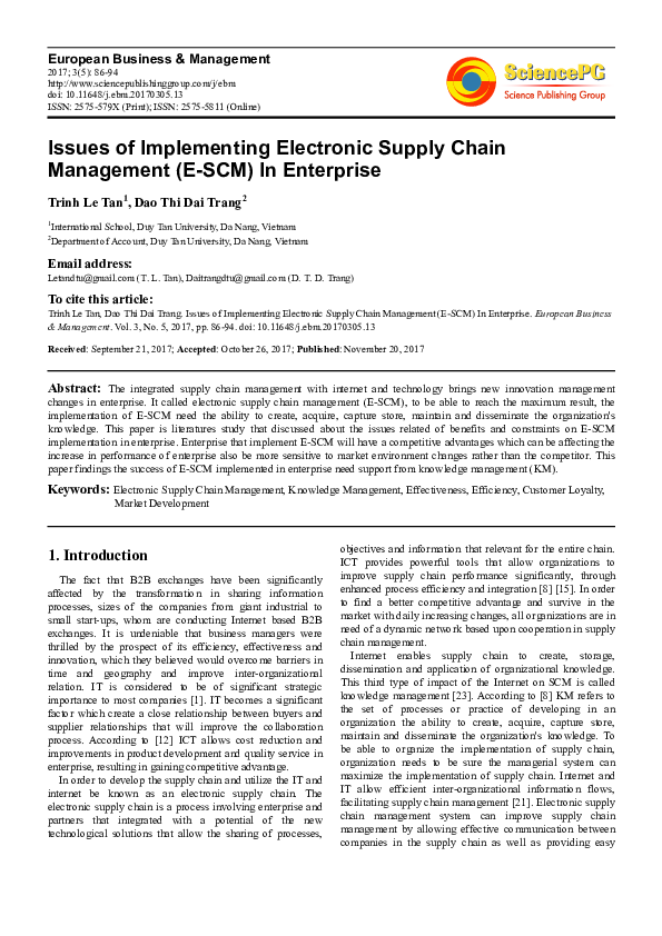 (PDF) Issues of Implementing Electronic Supply Chain Management (E-SCM) In Enterprise