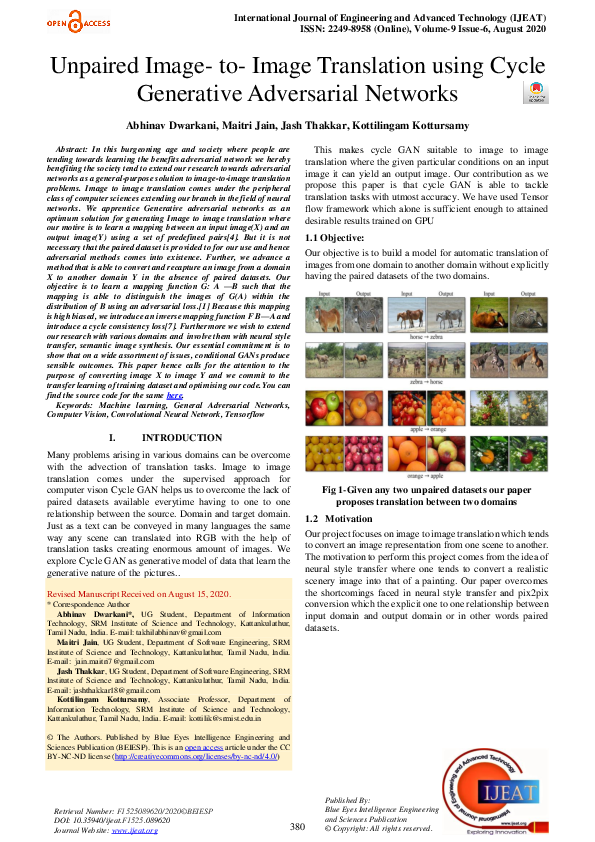 Pdf Unpaired Image To Image Translation Using Cycle Generative Adversarial Networks