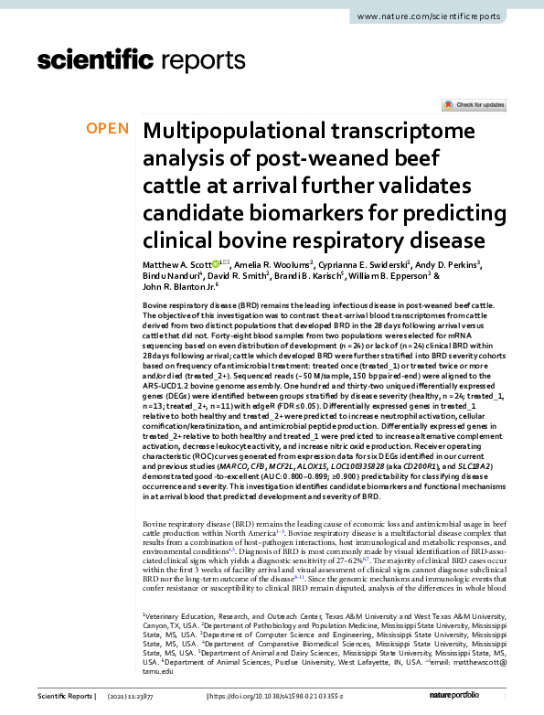 (PDF) Multipopulational transcriptome analysis of post-weaned beef cattle at arrival further ...