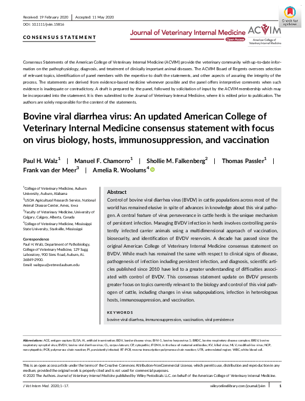 (PDF) Bovine viral diarrhea virus: An updated American College of Veterinary Internal Medicine ...