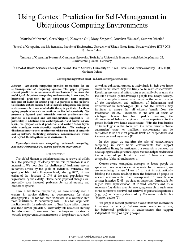 (PDF) Using context prediction for self-management in ubiquitous computing environments | Mary ...