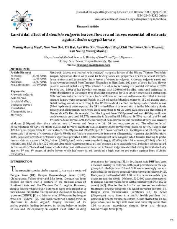 (PDF) Larvicidal effect of Artemisia vulgaris leaves, flower and leaves essential oil extracts ...