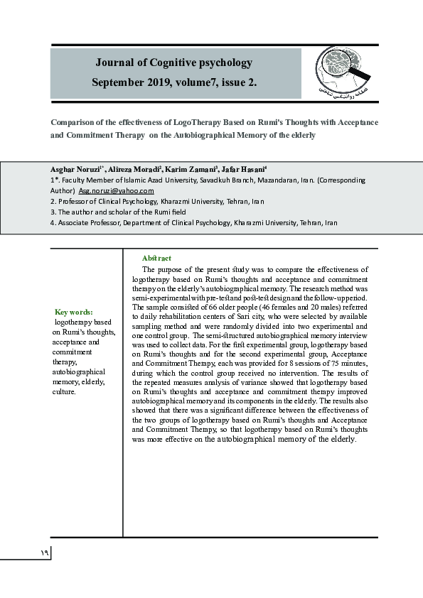 (PDF) Comparison of the effectiveness of LogoTherapy Based on Rumi's ...