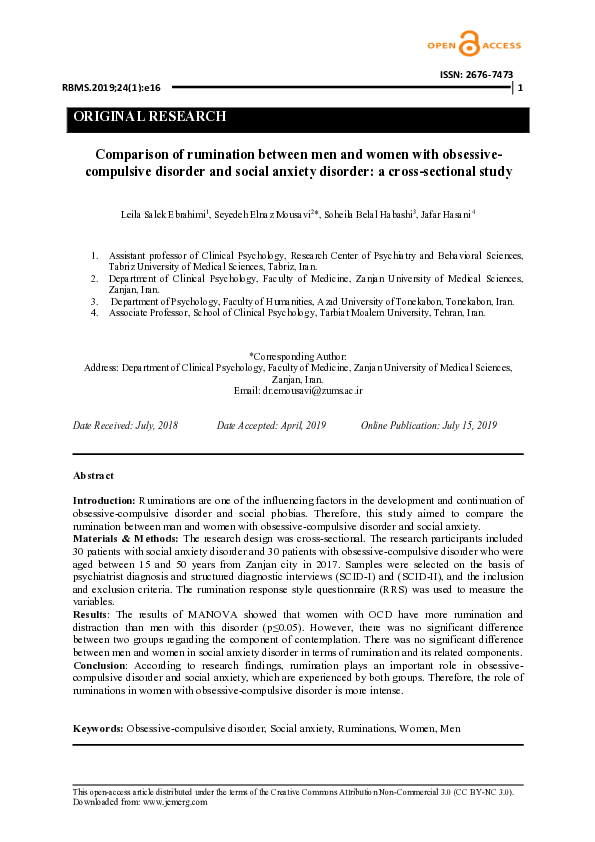 (PDF) Comparison of rumination between men and women with obsessive- compulsive disorder and ...