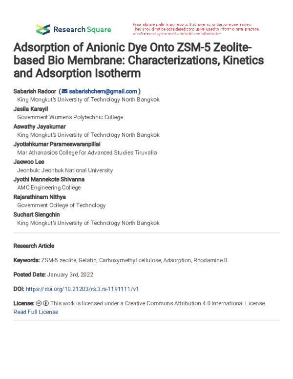 (PDF) Adsorption of Anionic Dye Onto ZSM-5 Zeolite-based Bio Membrane ...