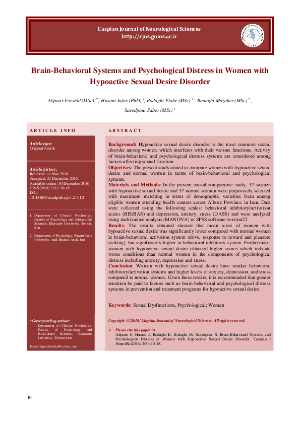 (PDF) Brain-Behavioral Systems and Psychological Distress in Women with ...