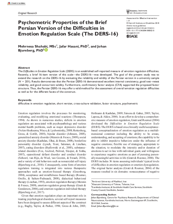 (PDF) Psychometric Properties of the Brief Persian Version of the Difficulties in Emotion ...