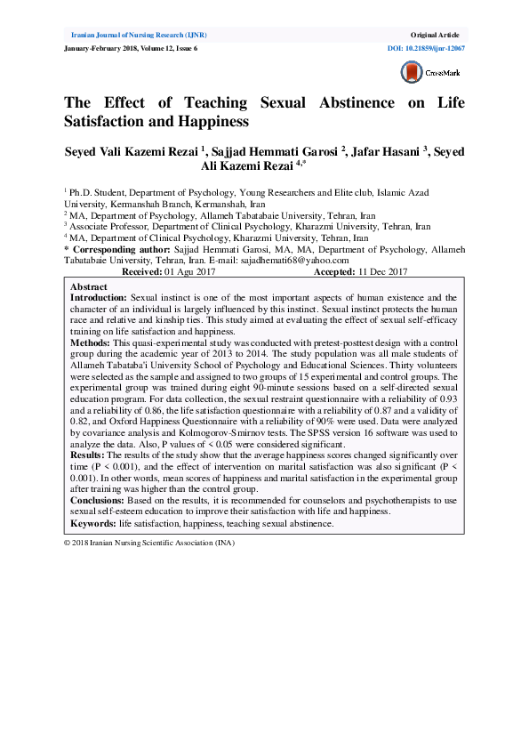 (PDF) The Effect of Teaching Sexual Abstinence on Life Satisfaction and ...